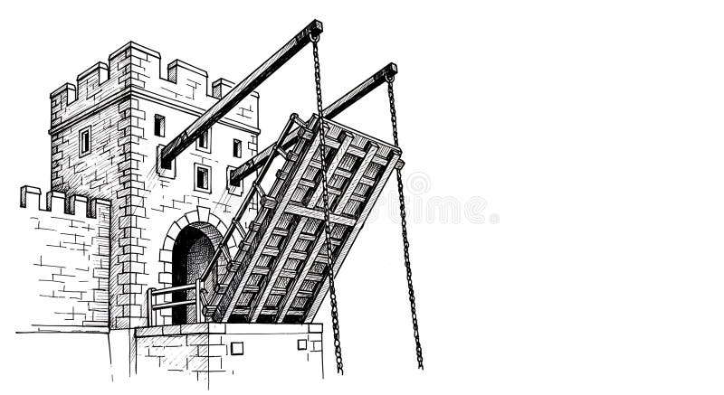 Detailed Pen and Ink Illustration of a Medieval Drawbridge Stock ...