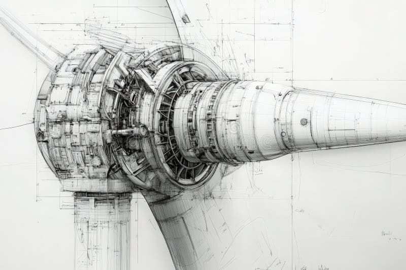 Detailed Technical Sketch of a Wind Turbine Design Showcasing Rotor and ...