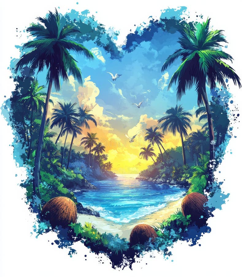 The Drawing Features a Heart Flanked by Two Palm Trees, All Surrounded ...