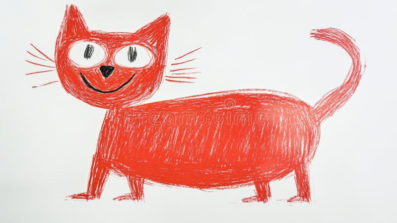 A Child’s Colorful Drawing of a Big Red Cat with Playful Features on a ...