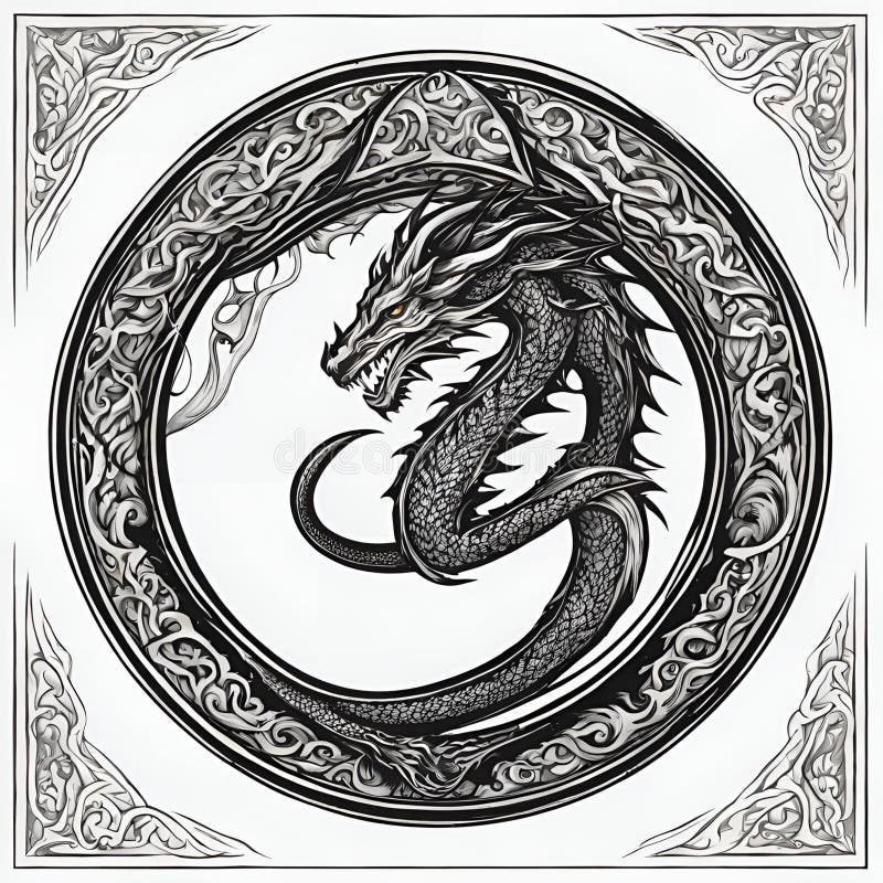 Drawing Features a Majestic Dragon Intricately Designed within a ...