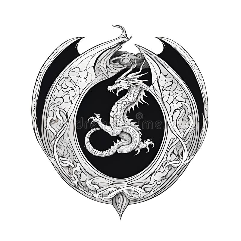 Drawing Features a Majestic Dragon Intricately Designed within a ...