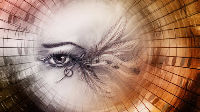 Drawing of Female Eye with Note and Feathers. Space Note Background ...