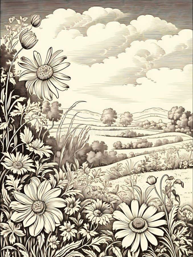 A Drawing of a Field with Flowers, Illustration of a Flower Meadow in ...