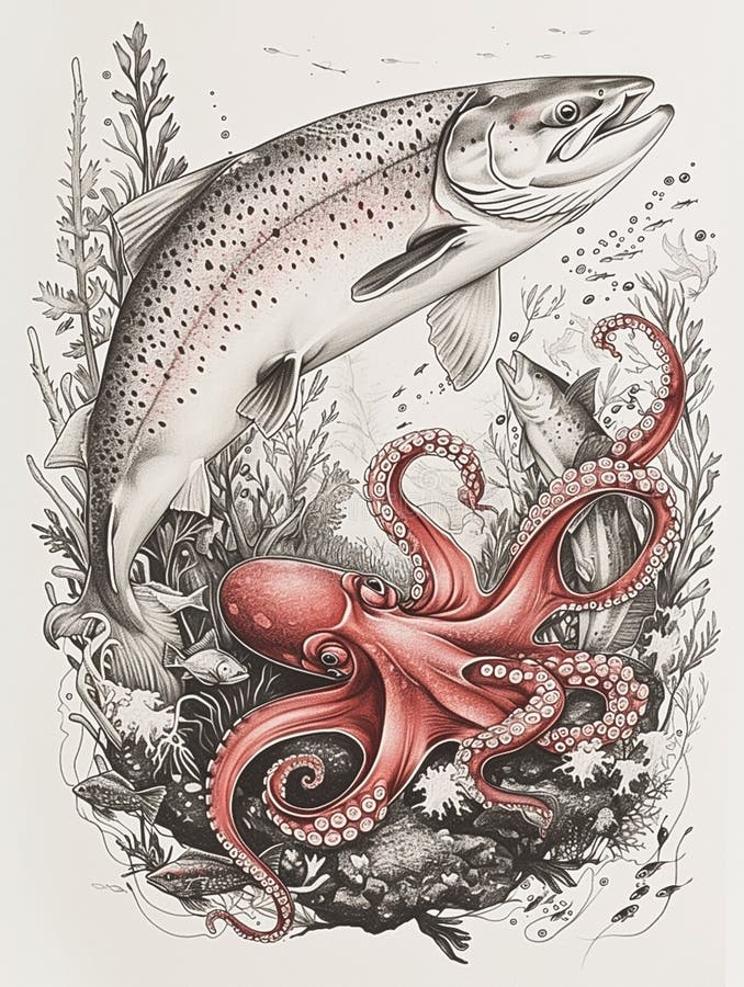 A Drawing of a Fish and Octopus in a Seabed Stock Illustration ...
