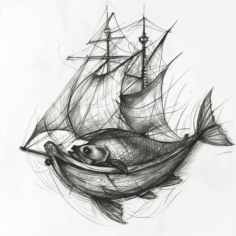 A Drawing of a Fish with a Sail on it S Back Stock Illustration ...