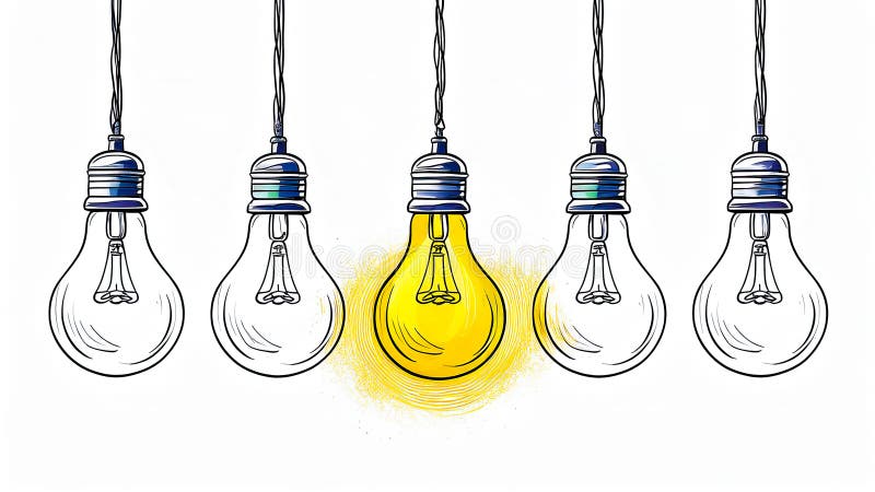 Drawing of Five Light Bulbs with One of Them Lit Up. Concept Idea Stock ...