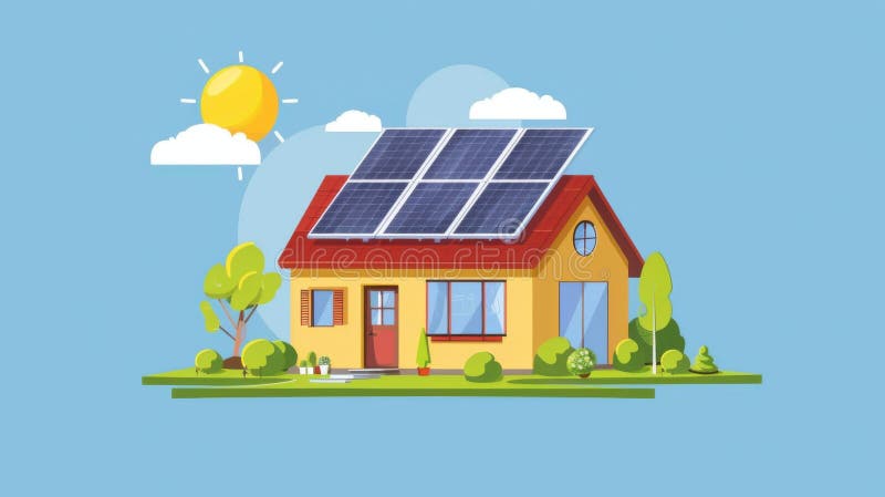 Drawing in Flat Style of Solar Panels, Generation of Electricity Using ...