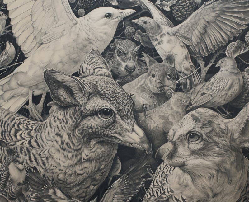 Drawing of a Flock of Birds and a Dove in a Forest Stock Illustration ...