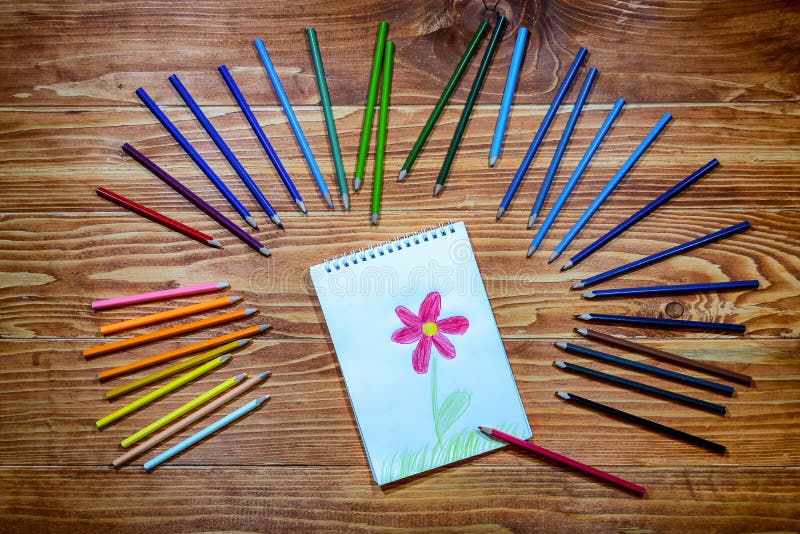 Drawing of a Flower Notebook with Color Pencils on the Wooden Table ...
