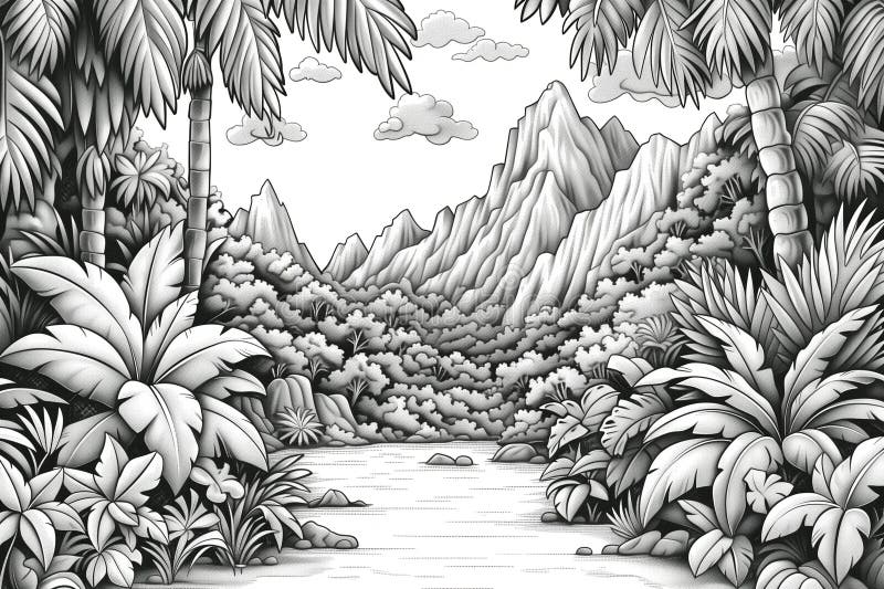 A Drawing of a Flowing River Surrounded by Lush Trees and Vegetation ...