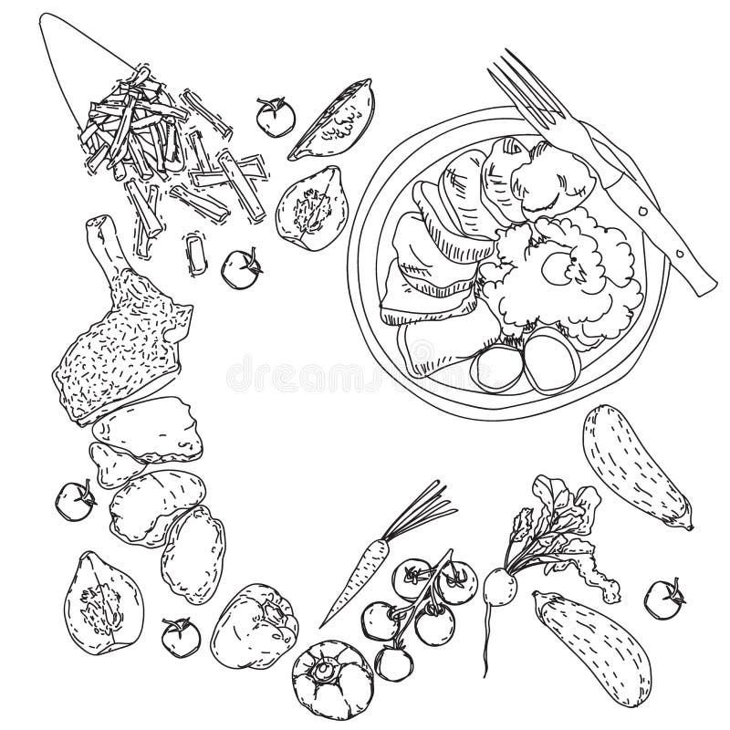 Drawing Food Background Linear Graphic. Engraved Top View Stock Vector ...