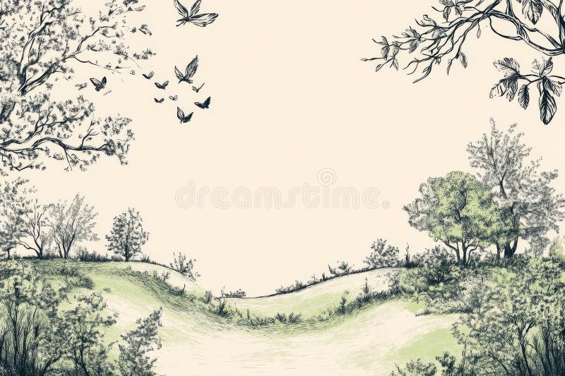 A Drawing of a Forest with Trees and Birds Stock Illustration ...