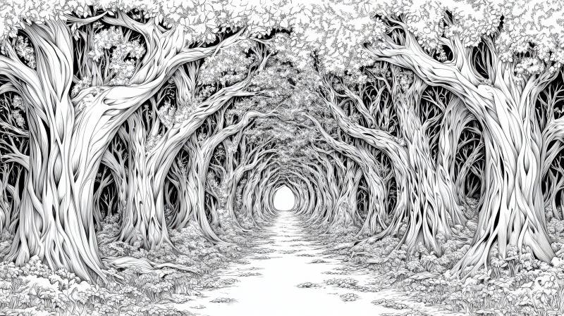 A Drawing of a Forest with Trees and a Path Stock Illustration ...