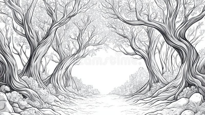 A Drawing of a Forest with Trees and Rocks Stock Illustration - Illustration of background, path ...