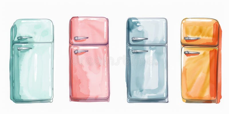 A Drawing of Four Different Colored Refrigerators. Can Be Used for Home ...