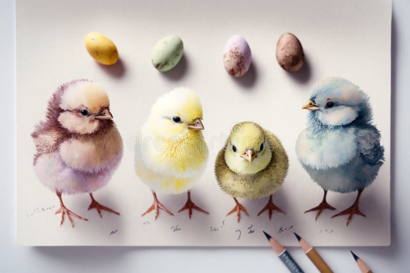 Drawing of Four Different Colors Small Chicks Characters, Easter Symbol ...