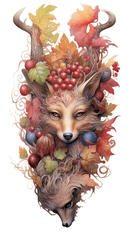 A Drawing of a Fox with Autumn Leaves and Berries. Generative AI Image ...