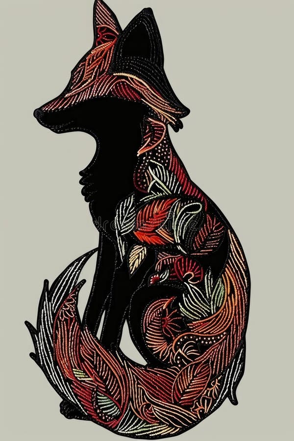 A Drawing of a Fox with a Hat on, Embroidery on White Background Stock ...