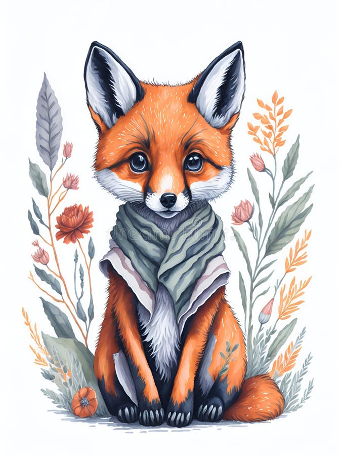 A Drawing of a Fox with a Scarf Around Its Neck Stock Illustration ...