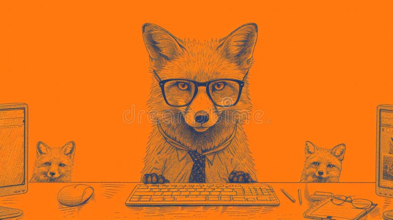 A Drawing of a Fox Wearing Glasses and Sitting at the Computer, AI ...