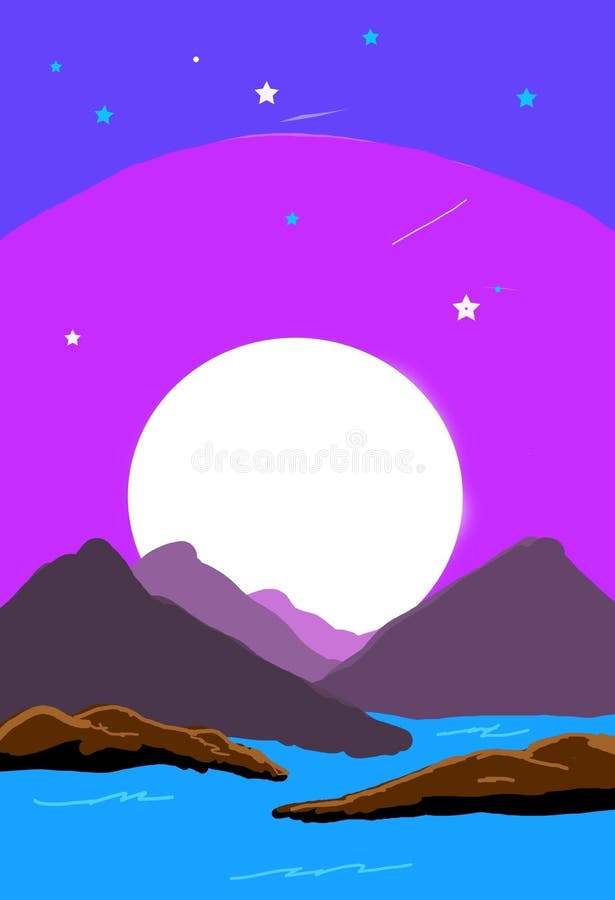 Drawing of Full Moon, Sky with Star, and Mountains, with River, Stock ...