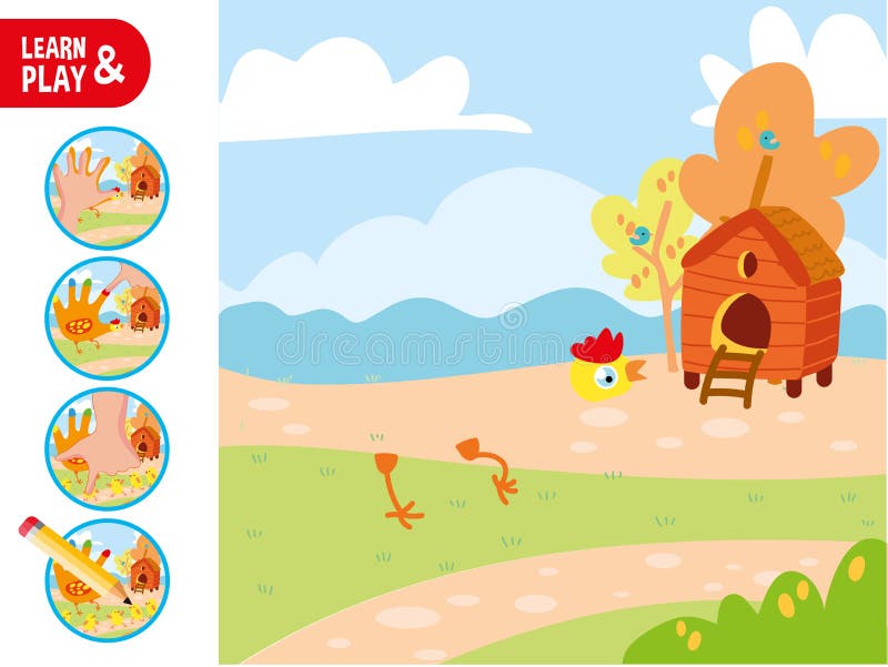 Drawing Game Tutorial Chicken in Garden Printable Template Vector Stock ...