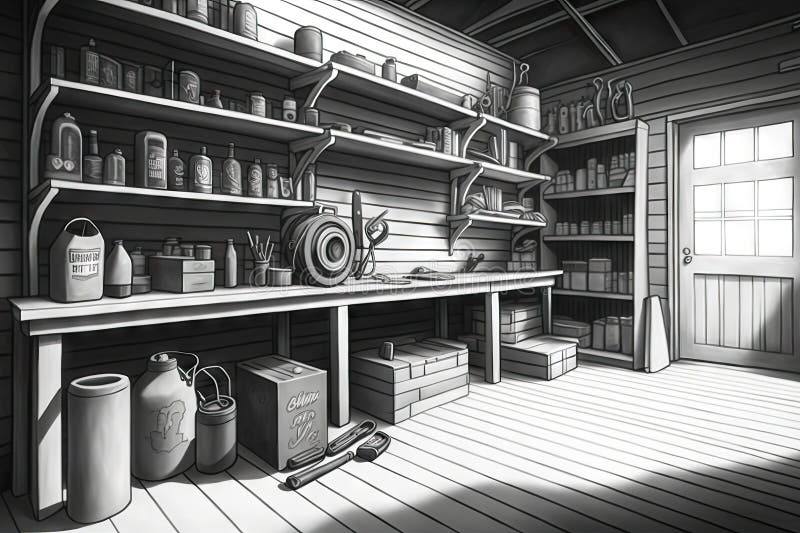A Drawing of a Garage with Tools and Supplies Neatly Placed on Shelves ...
