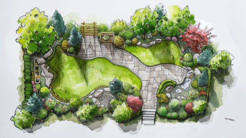 Drawing of Garden with Steps and Trees Stock Photo - Image of outdoors ...