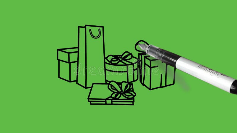 Drawing Gift Pack Box in Blue Colour with Black Outline on Abstract ...