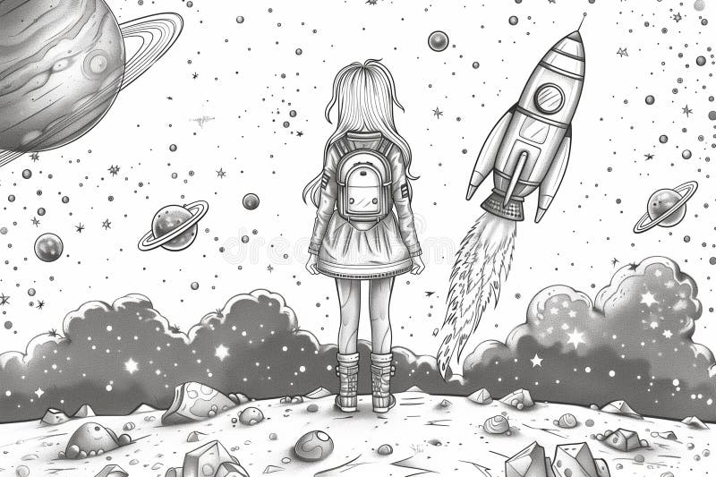 Drawing of a Girl with a Backpack Watching a Rocket Launch Stock Photo ...