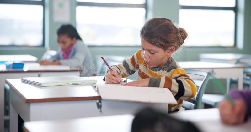 Drawing, Girl and Classroom for Education at School with Learning ...