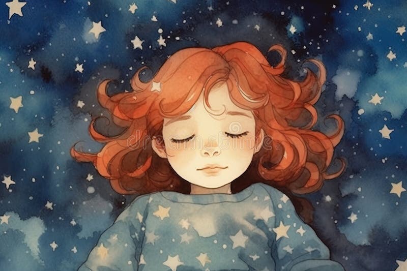 Drawing of a Girl Sleeping among the Clouds on a Night with Stars Stock ...