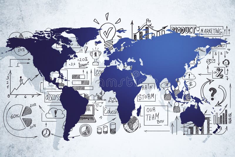 Drawing Global Business Plan and Blue World Map Stock Illustration ...