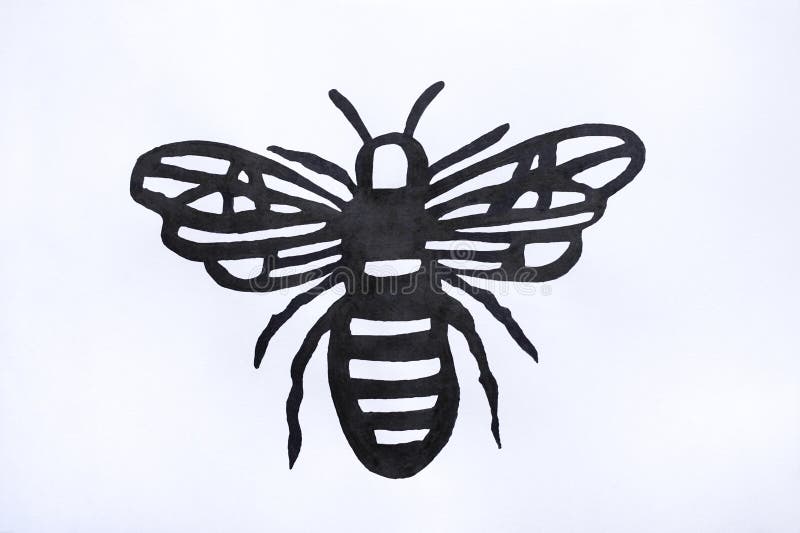 Drawing Graphic of One Bee in Black Ink on White Background Stock ...