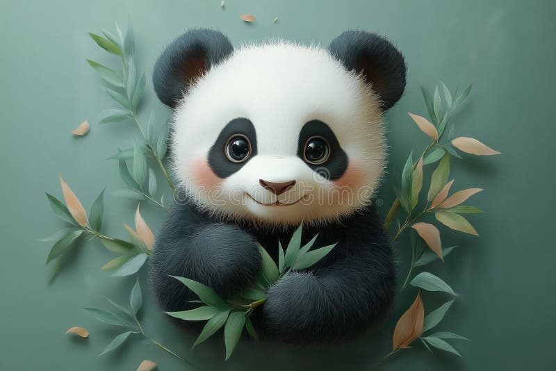 Drawing Green Panda Background with Bamboo Leaves Stock Illustration ...