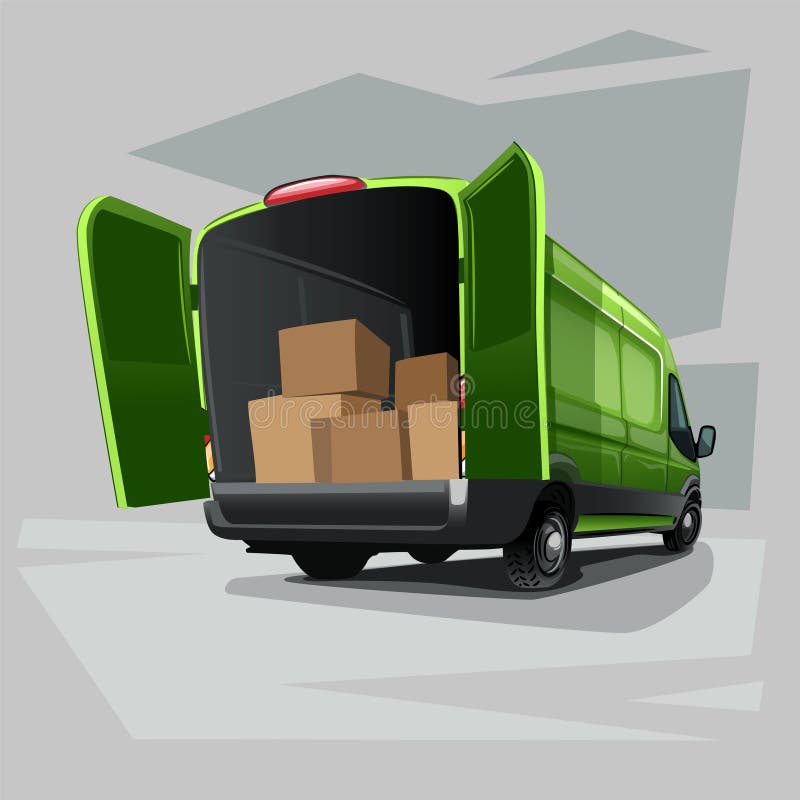 Drawing of a Green Van from the Back with Open Doors and Boxes in it ...