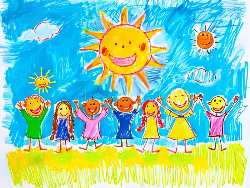 A Drawing of a Group of Children Standing in Front of a Sun Stock Image ...