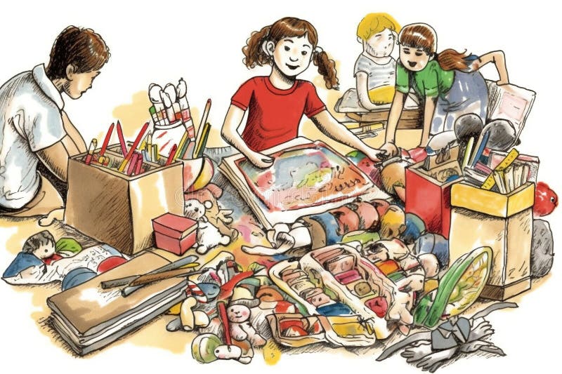 A Drawing of a Group of Children Surrounded by Art Supplies. AI ...