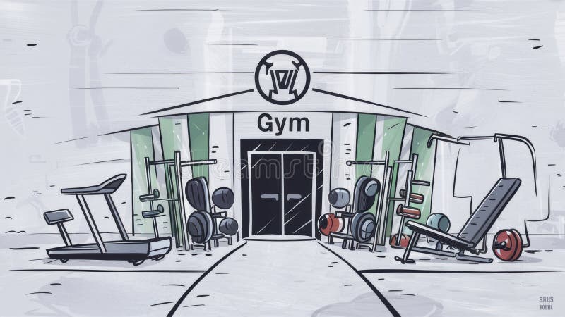 A Drawing of a Gym with Exercise Equipment in Front, AI Stock Image ...