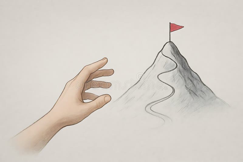 Drawing of a Hand Reaching Towards a Mountain Peak with a Red Flag at ...