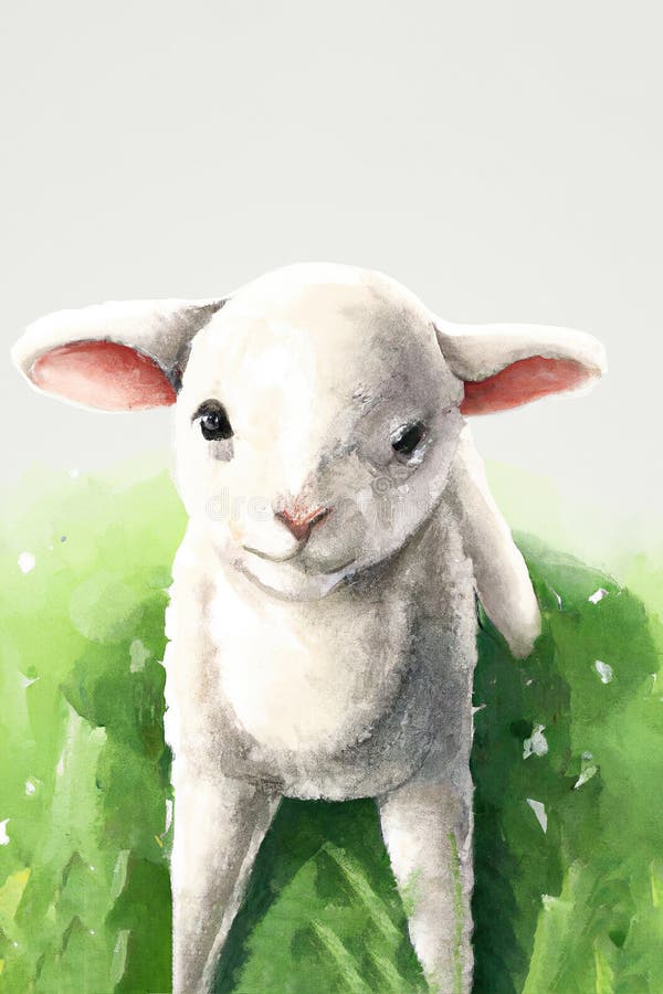 Drawing of Happy, Cute Baby Sheep on Grass. Stock Illustration ...