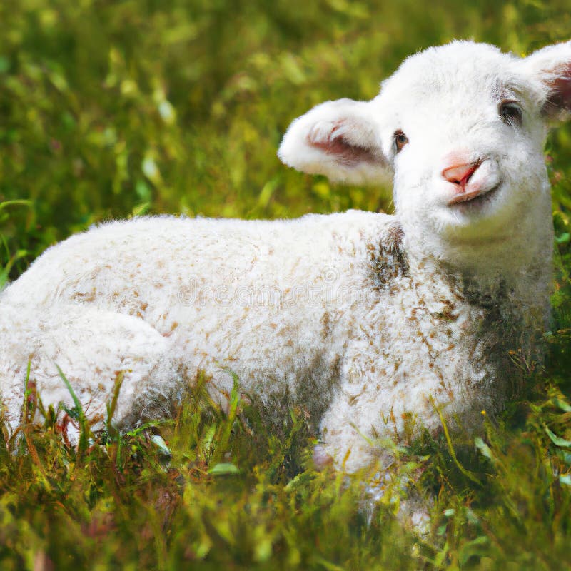 Drawing of Happy, Cute Baby Sheep on Grass. Stock Illustration ...