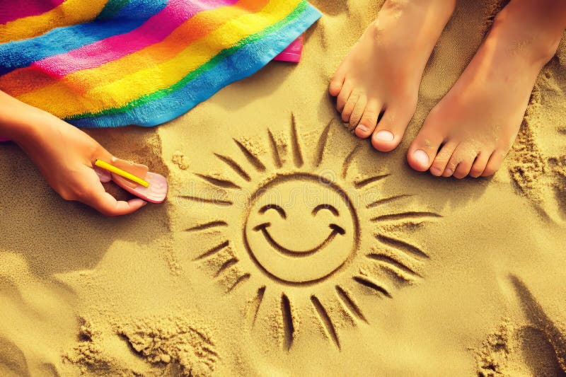 Drawing of a Happy Smiley Face Drawn in the Sand on a Beach during a ...