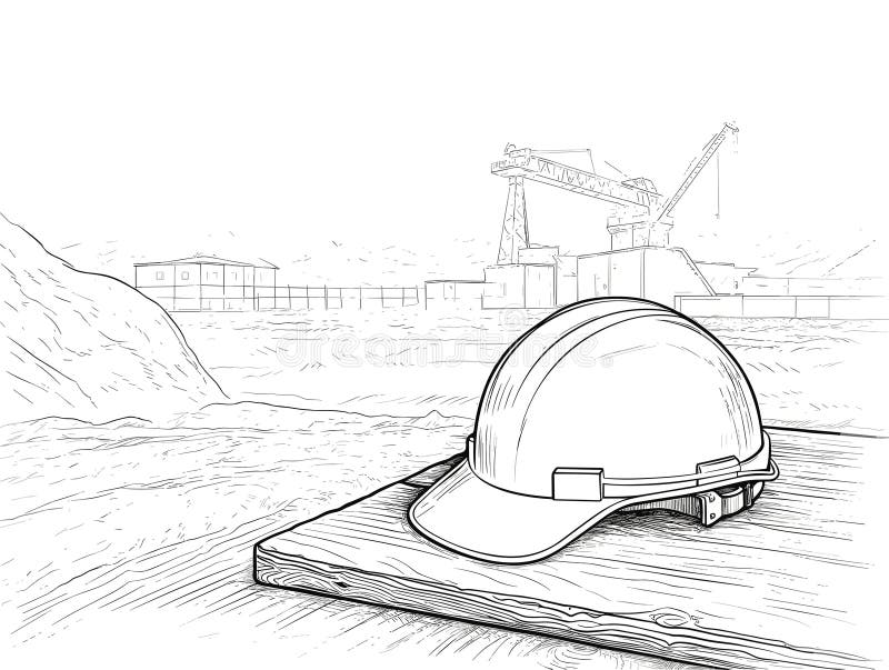 A Drawing of a Hard Hat and Scissors on a Table - Safety Helmet on ...