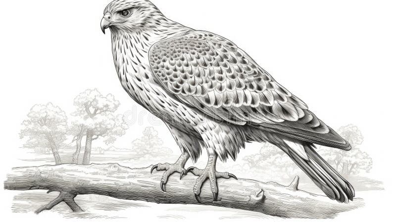 Drawing of Hawk Perched on Tree Branch. Suitable for Nature and ...