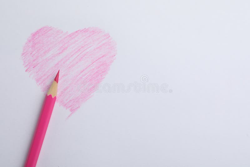 Drawing of Heart and Pink Pencil on White Background, Top View Stock ...