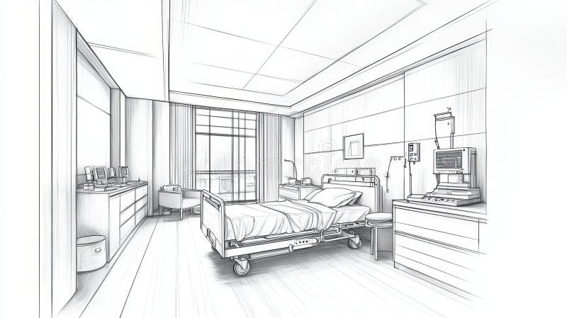 Drawing of a Hospital Room Featuring a Bed and Medical Instruments ...