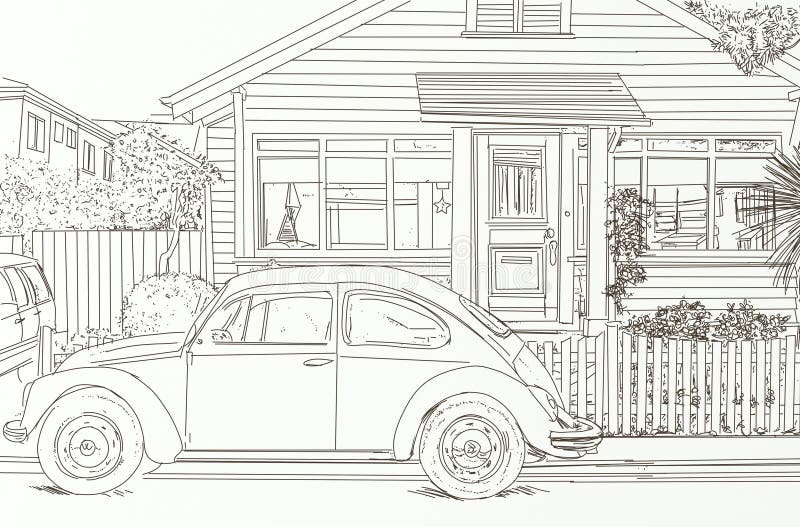 Drawing of a House with a Car on the Street. Vector Illustration Stock ...