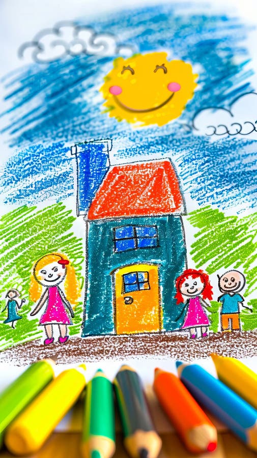 A Drawing of a House with Children and Crayons Stock Image - Image of ...